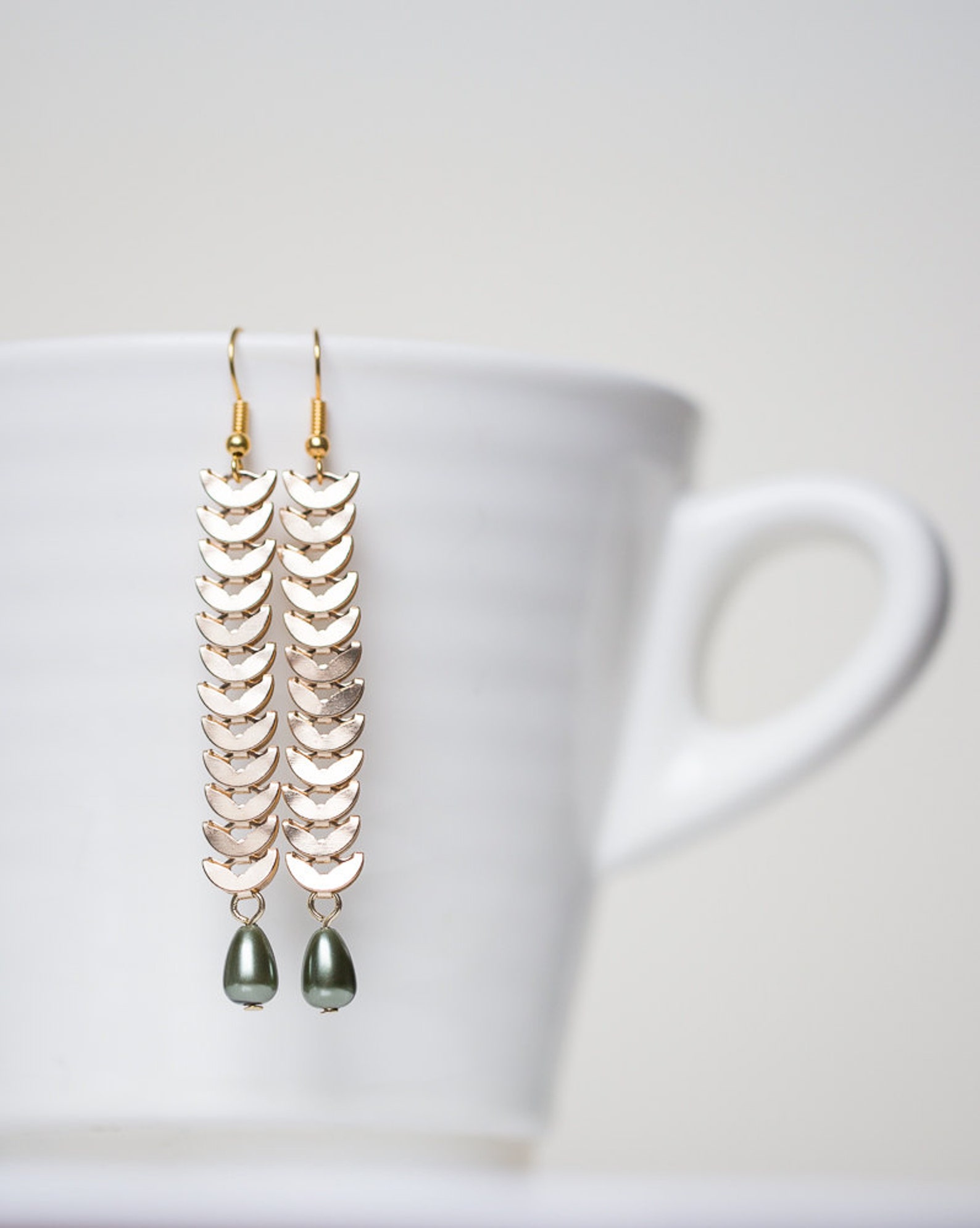 Long Dangle Gold Chain Earrings Khaki Drop Beads Boho Glam Gold Jewelry ...