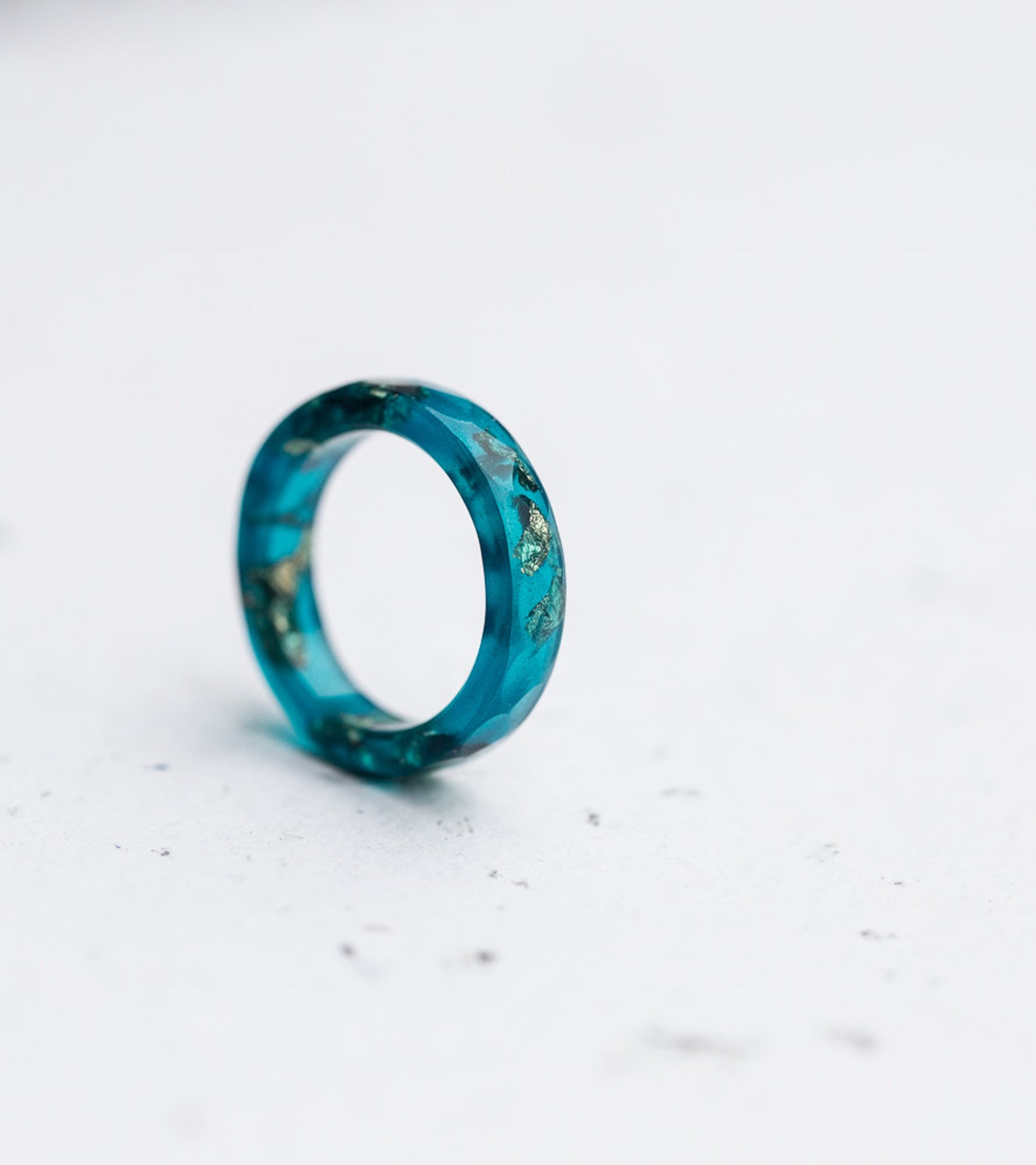 Turquoise Blue Resin Stacking Ring Gold Flakes Thin Faceted - Etsy
