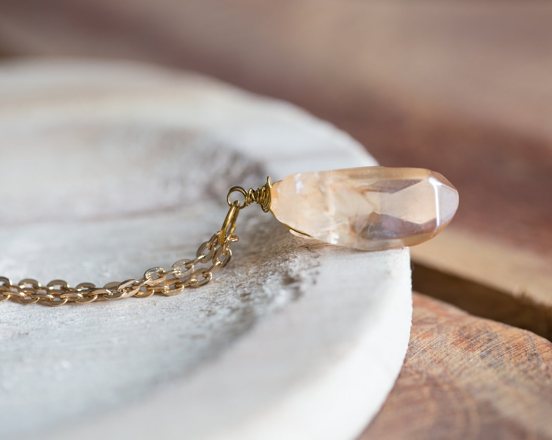 Mystic Peach Quartz Raw Point Pendant Dainty Wire Wrapped Gold Necklace ...