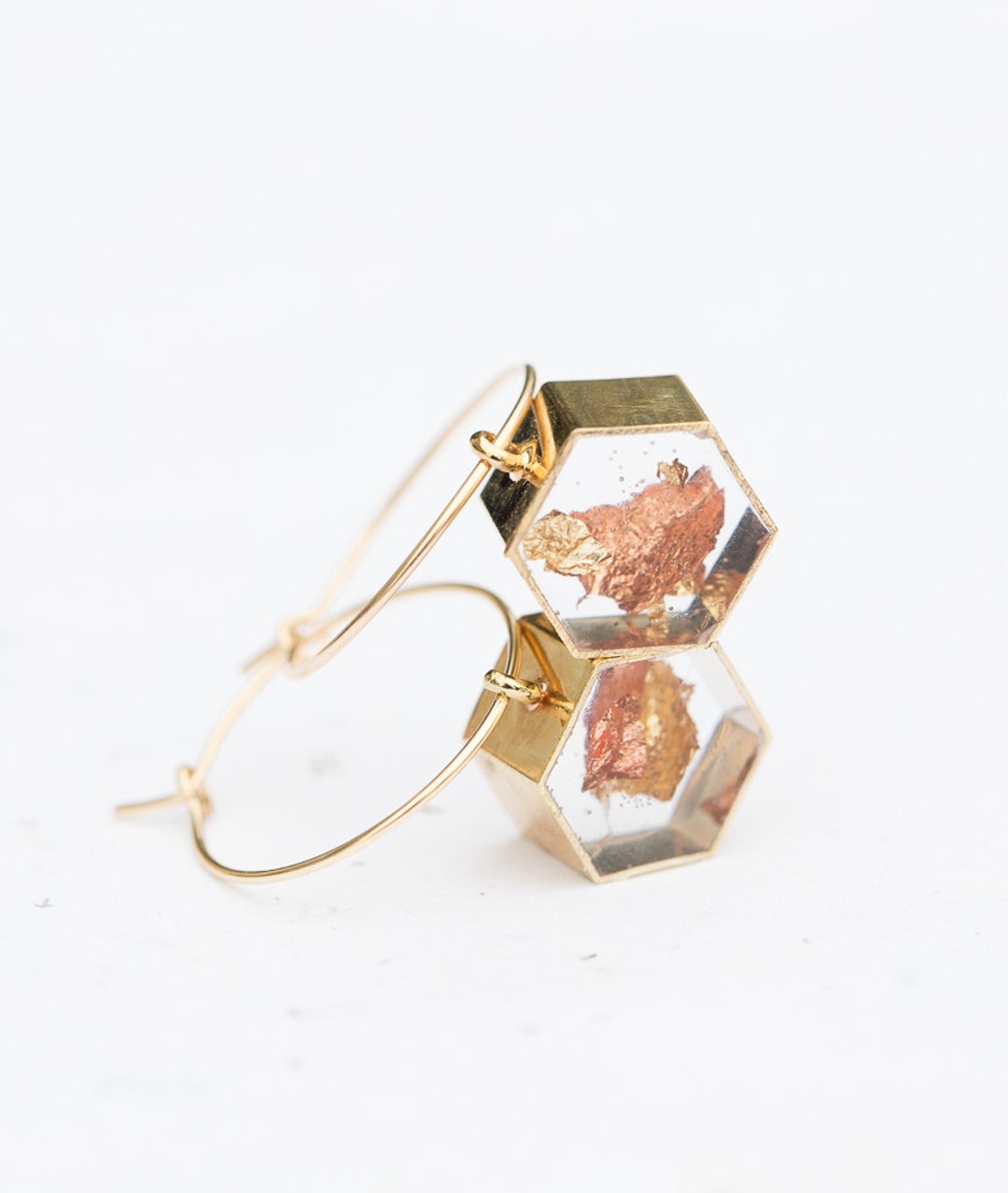 Floating Gold Leaf Hoop Earrings Geometric Hexagon Transparent Resin ...