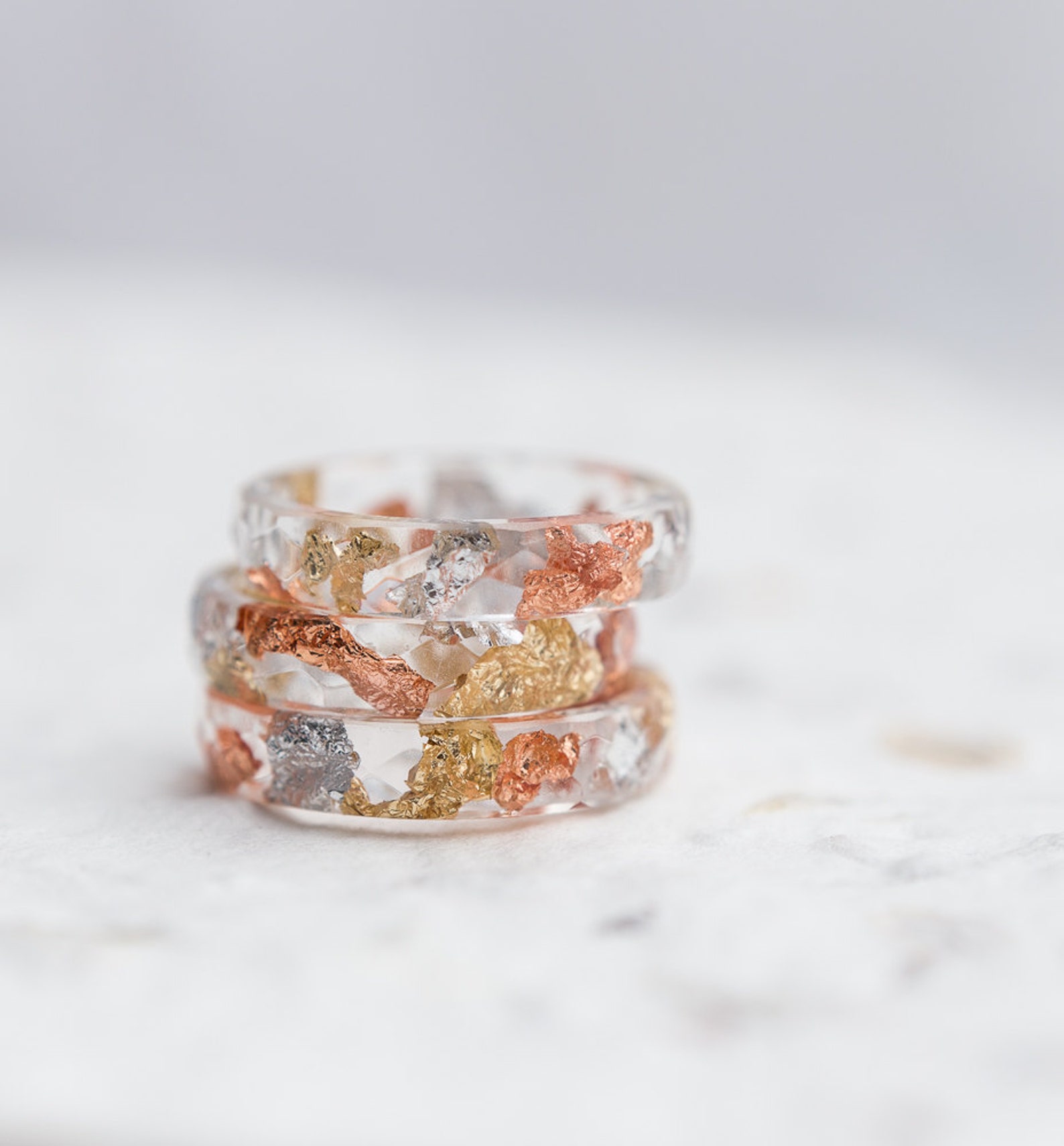 Tricolor Resin Stacking Ring Gold and Silver Transparent Ring OOAK ...