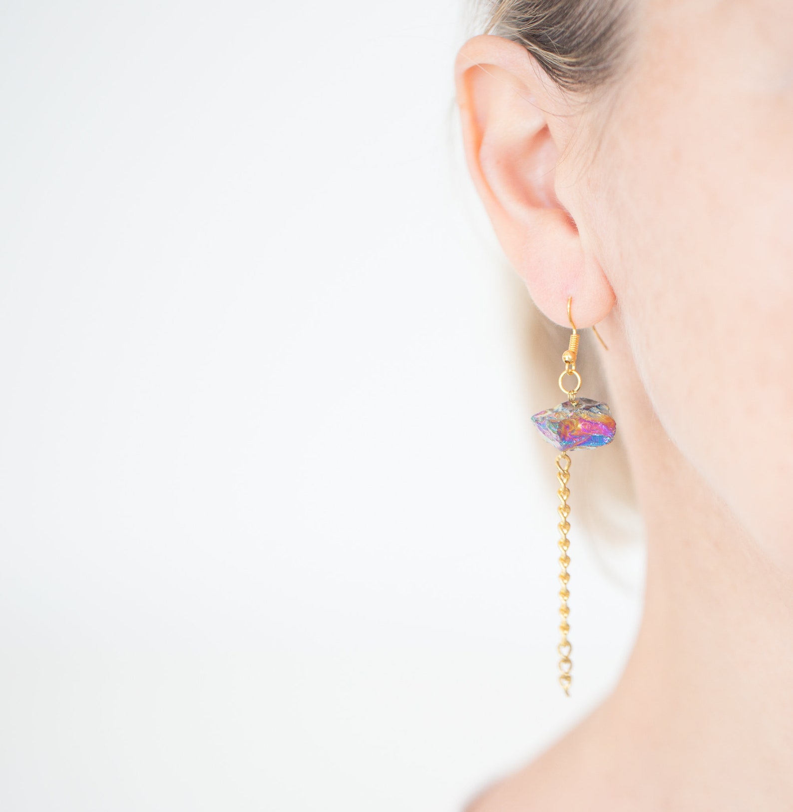 Long Dangle Chain Gold Quartz Statement Earrings Raw Jewelry Rainbow ...