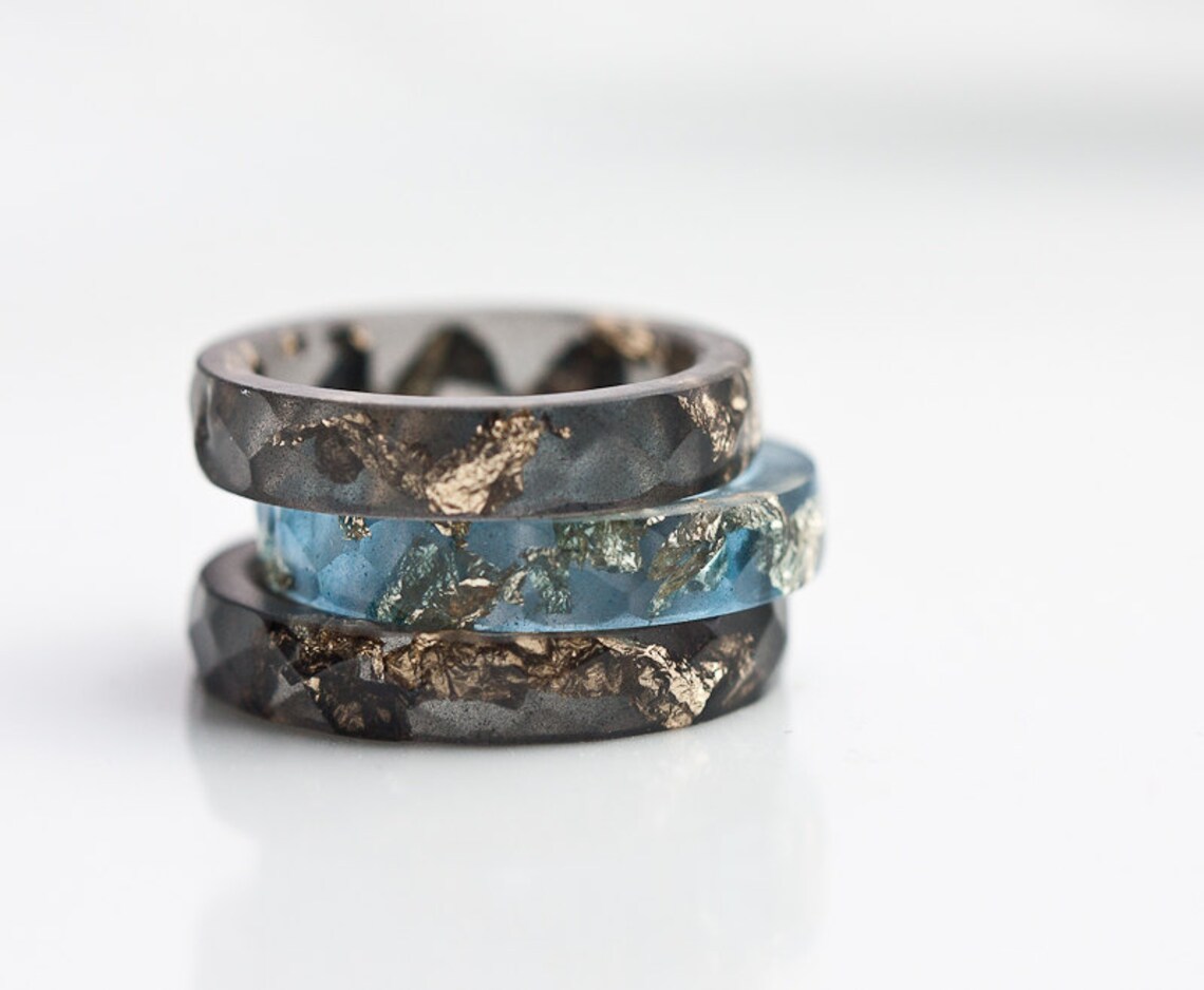 Resin Stacking Ring Black Gold Flakes Small Faceted Ring OOAK - Etsy UK