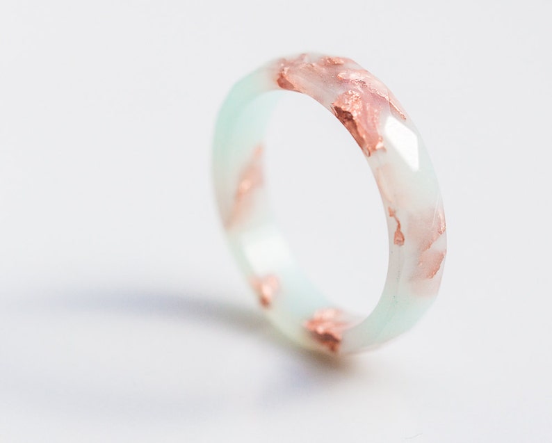 Pastel Mint Resin Ring Rose Gold Flakes Small Faceted Ring | Etsy