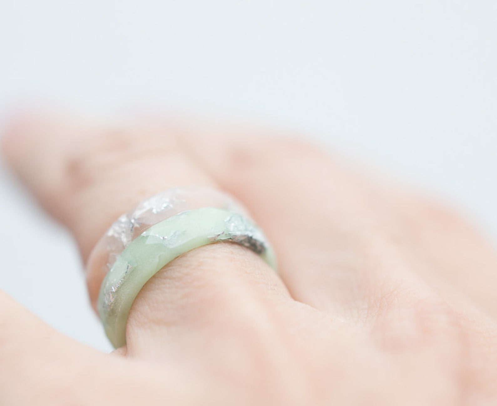 Pastel Resin Ring Lucite Green Stacking Ring Silver Flakes - Etsy