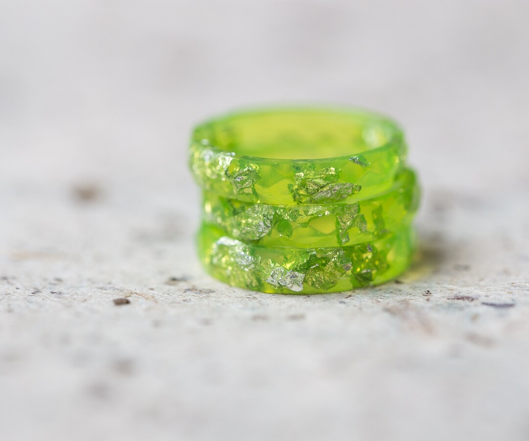Lime Green Resin Ring: Silver Leaf Faceted Stacking Ring - Etsy