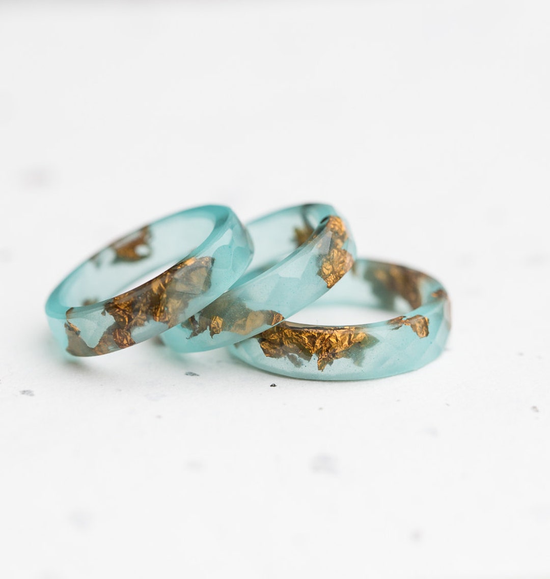 Mint Resin Ring Gold Flakes Small Faceted Stacking Ring OOAK Pastel ...
