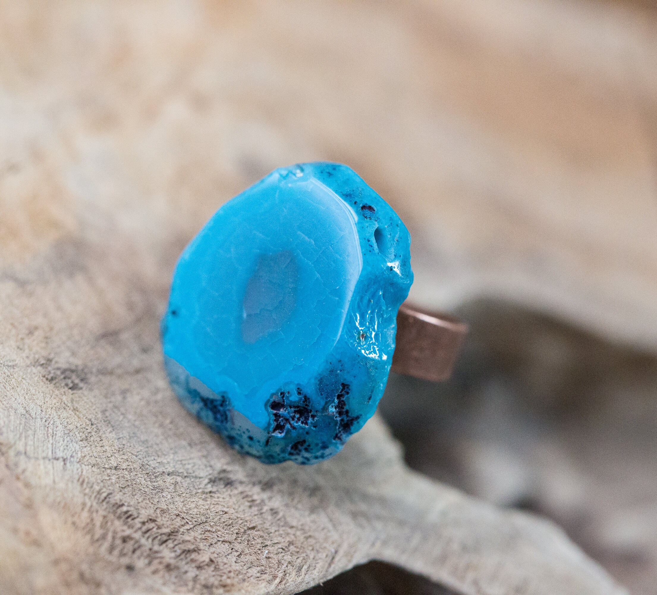 Blue Agate Geode Slice Ring Adjustable Statement Cocktail Ring | Etsy