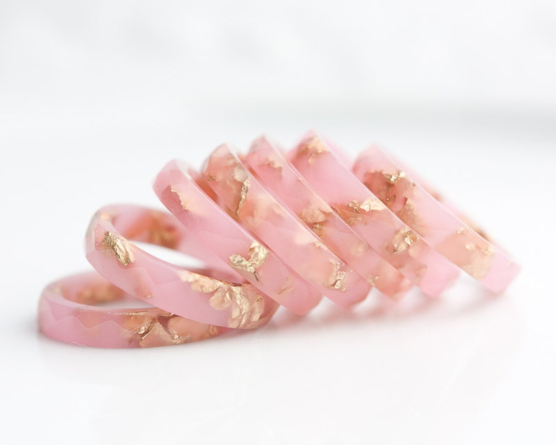 Resin Stacking Ring Rose Quartz Pink Gold Flakes Small Faceted Ring ...