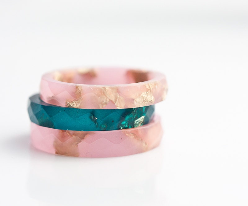 Resin Stacking Ring Rose Quartz Pink Gold Flakes Small Faceted Ring ...
