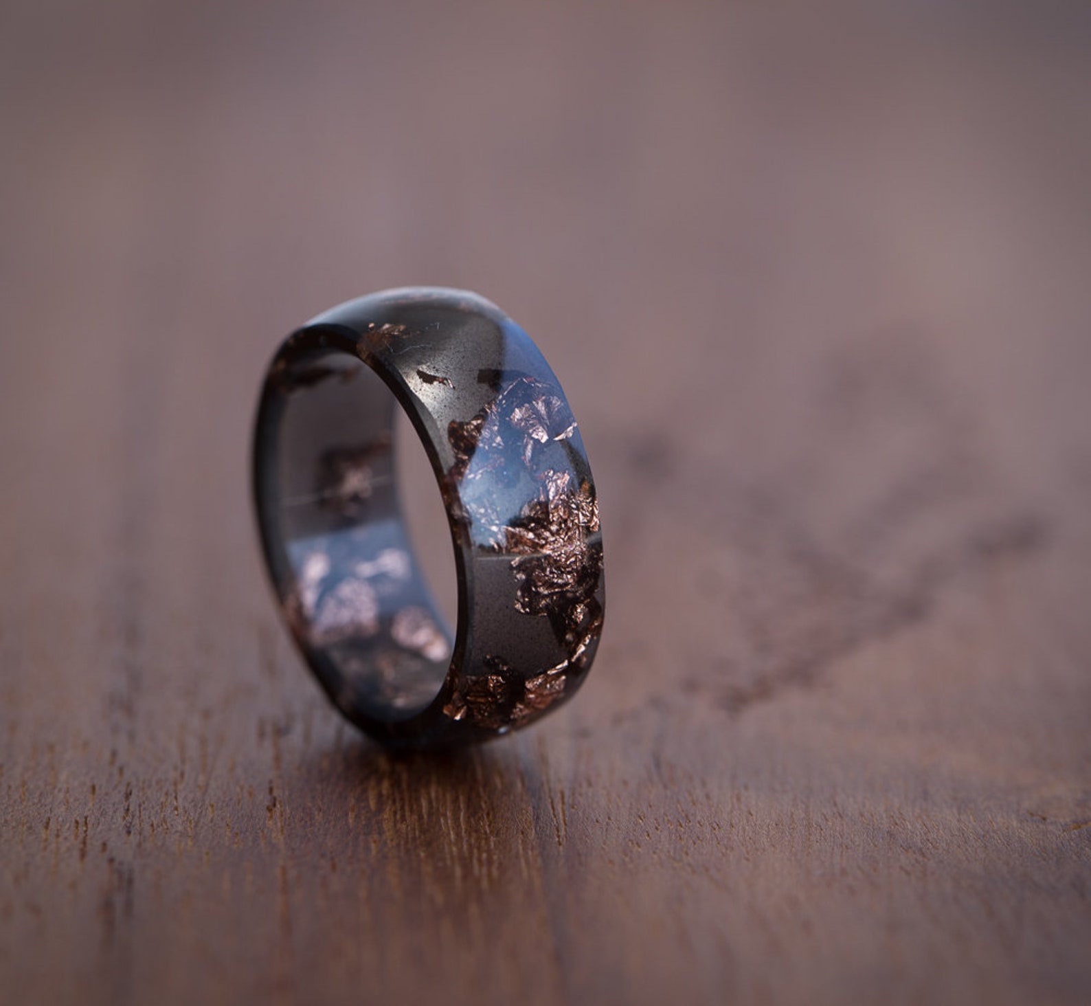 Black Resin Ring Men Ring Rose Gold Flakes Big Size 10 Smooth | Etsy