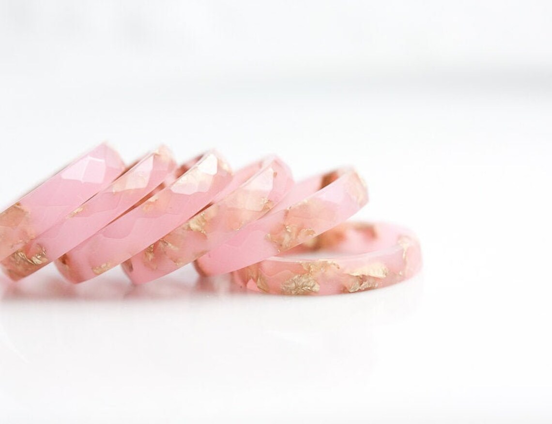 Resin Stacking Ring Rose Quartz Pink Gold Flakes Small Faceted Ring ...