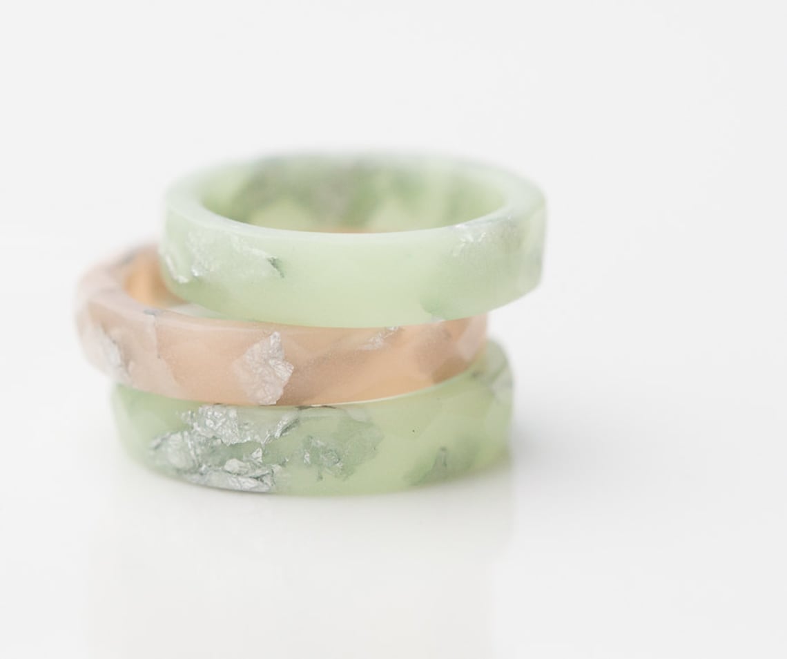 Pastel Resin Ring Lucite Green Stacking Ring Silver Flakes - Etsy