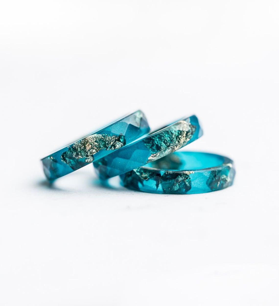 Turquoise Blue Resin Stacking Ring Gold Flakes Thin Faceted - Etsy