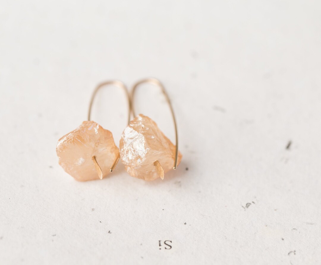 Raw Peach Quartz Modern Hook Earrings 14K Gold Filled - Etsy
