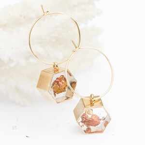 Floating Gold Leaf Hoop Earrings Geometric Hexagon Transparent Resin ...