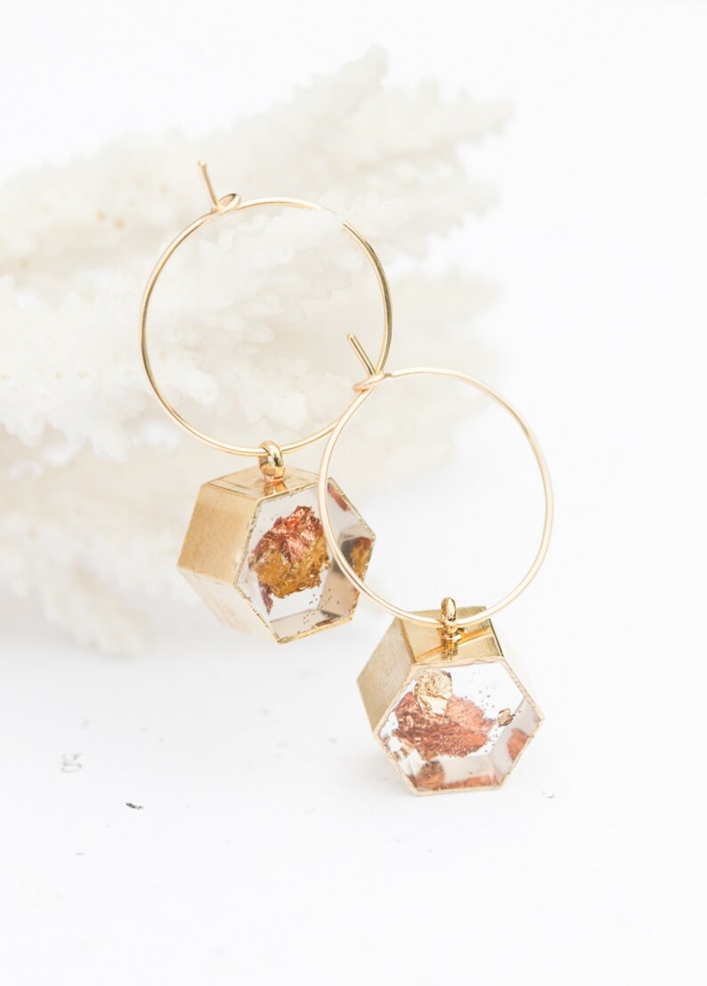 Floating Gold Leaf Hoop Earrings Geometric Hexagon Transparent - Etsy