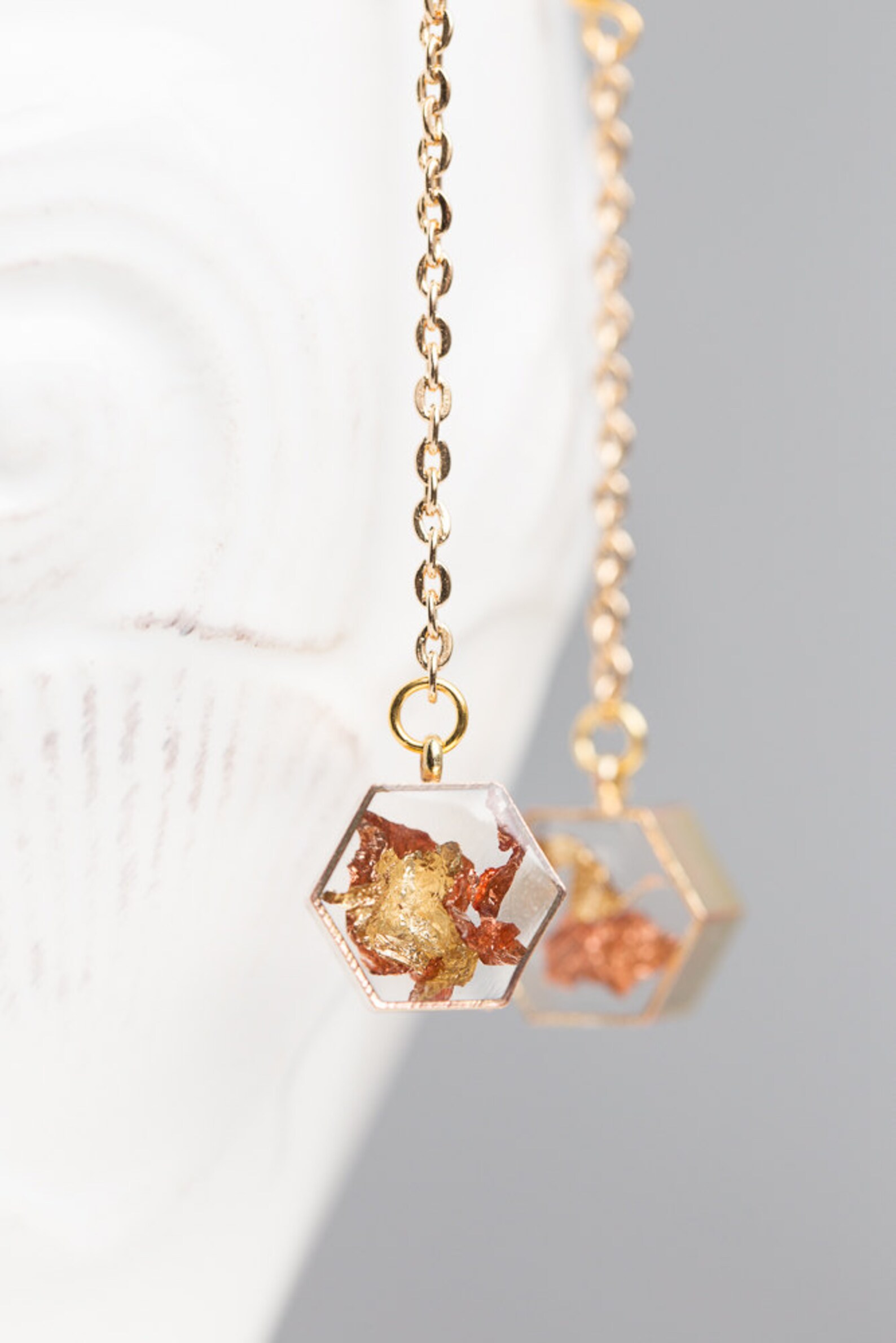 Floating Gold Leaf Long Modern Statement Earrings Geometric Hexagon ...