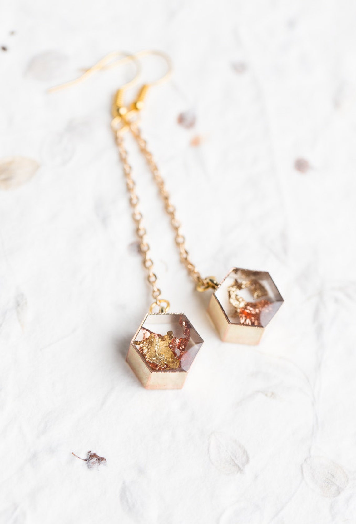 Floating Gold Leaf Long Modern Statement Earrings Geometric Hexagon ...