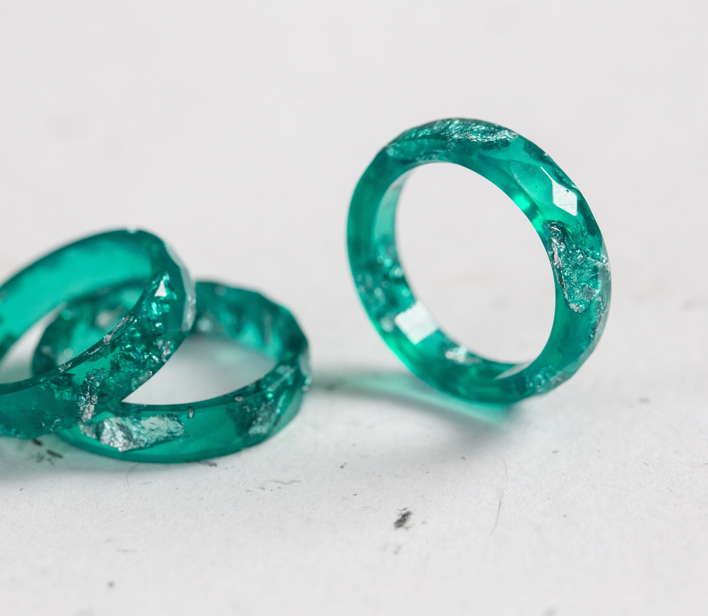 Emerald Green Resin Stacking Ring Silver Flakes Thin Faceted | Etsy