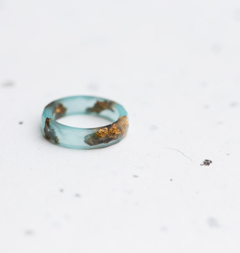 Mint Resin Ring Gold Flakes Small Faceted Stacking Ring OOAK - Etsy