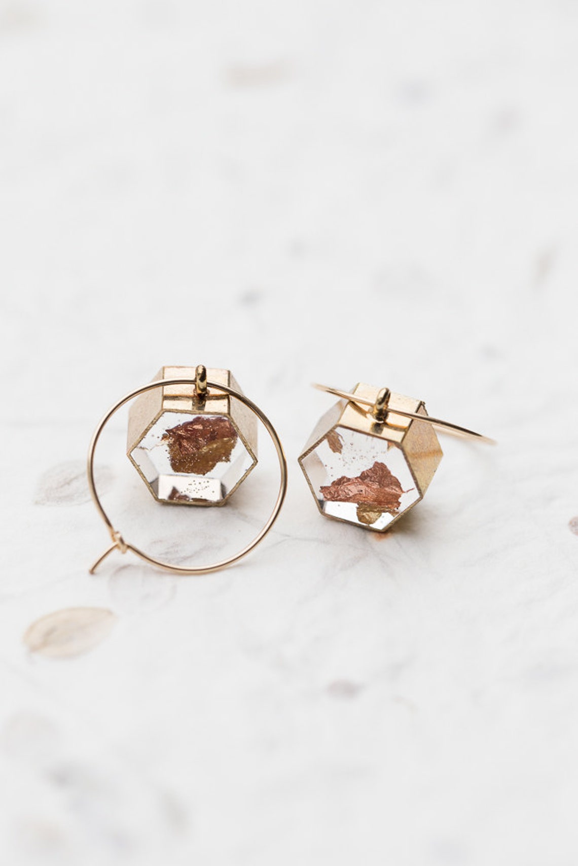 Floating Gold Leaf Hoop Earrings Geometric Hexagon Transparent - Etsy