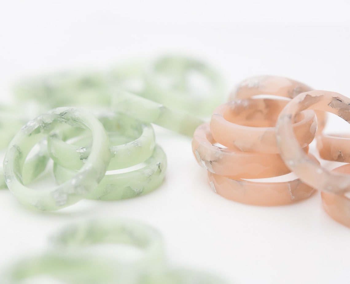 Pastel Resin Ring Lucite Green Stacking Ring Silver Flakes - Etsy