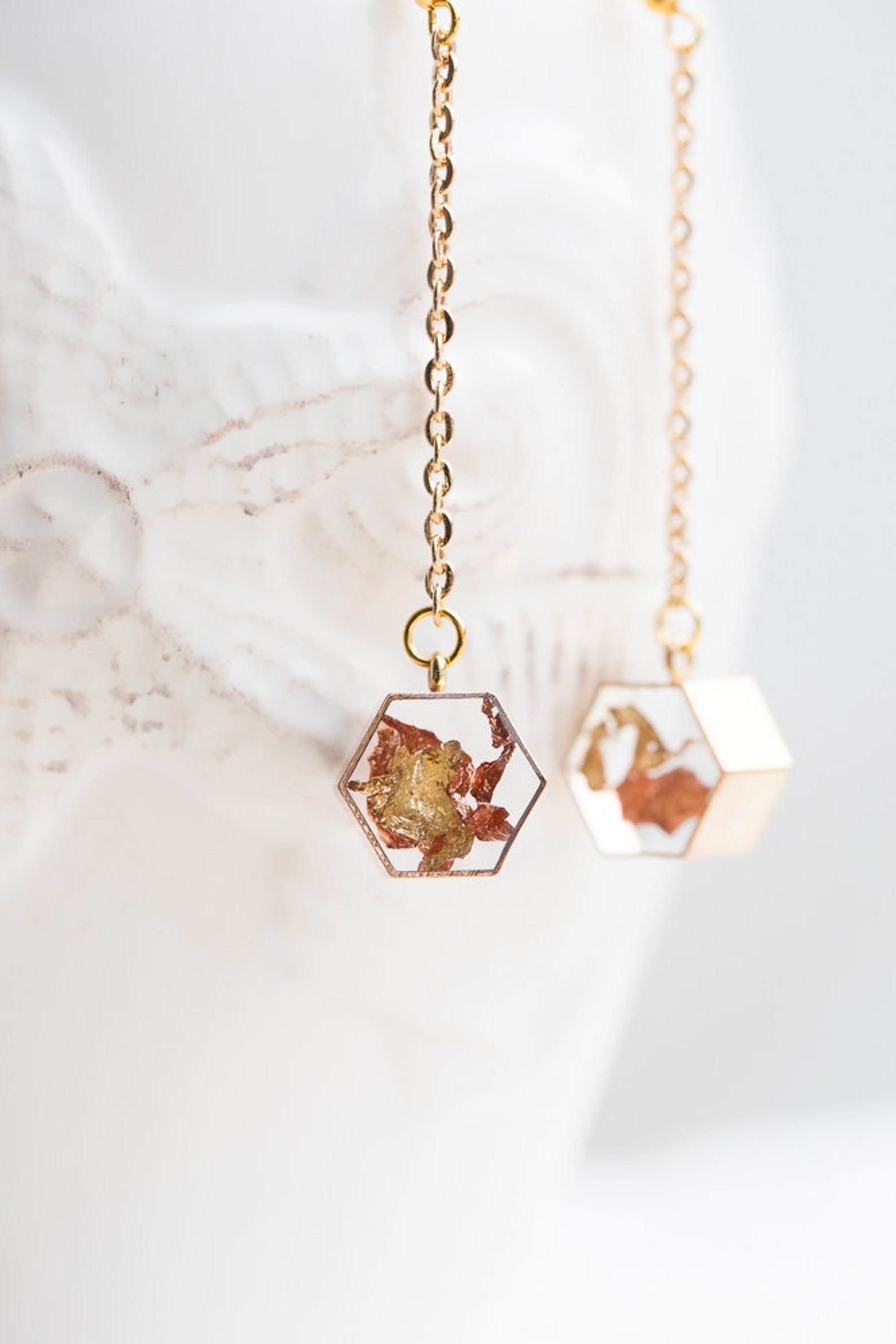 Floating Gold Leaf Long Modern Statement Earrings Geometric Hexagon ...