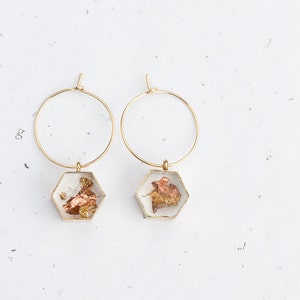 Floating Gold Leaf Hoop Earrings Geometric Hexagon Transparent Resin ...