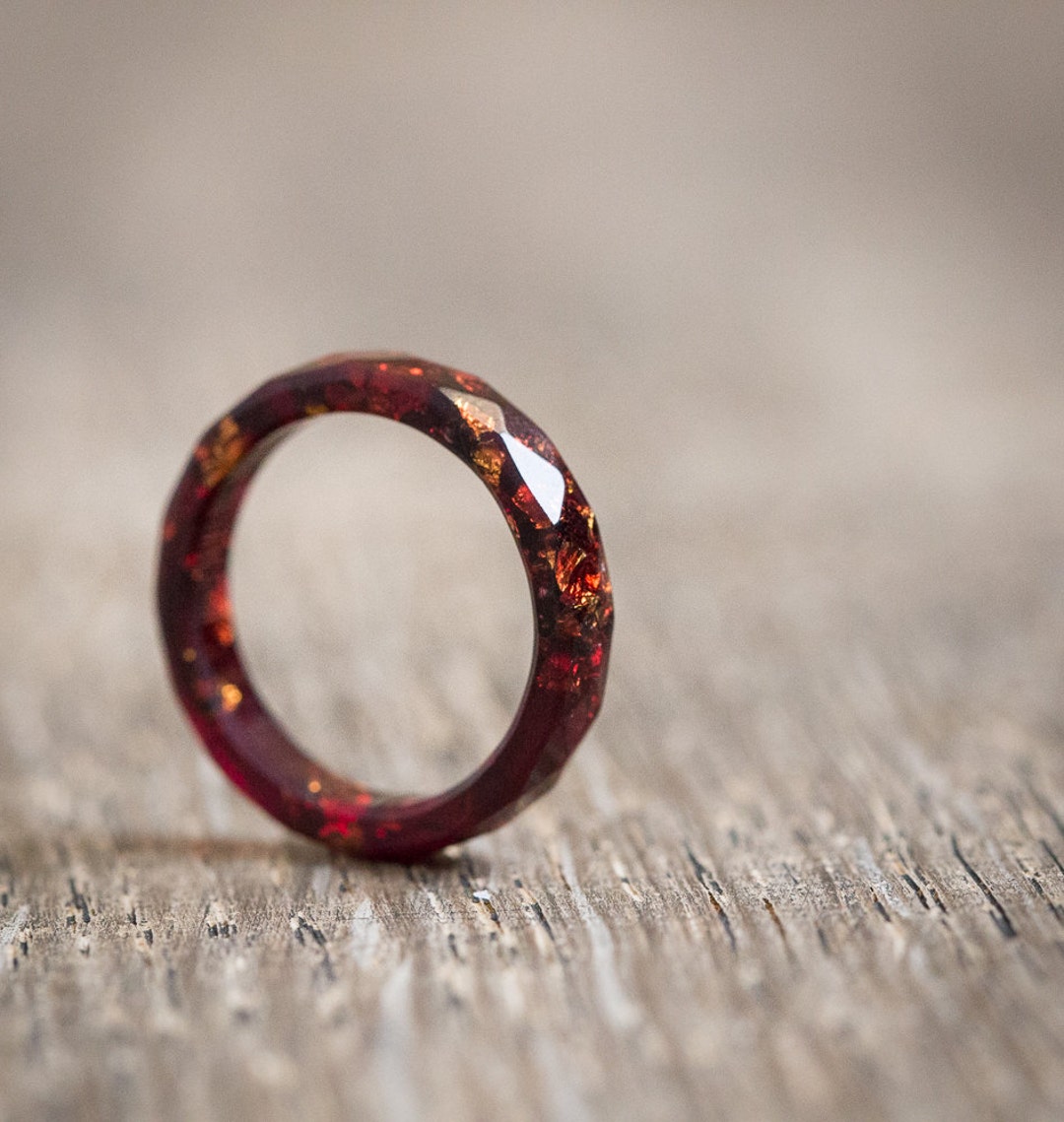 Marsala Resin Ring: Thin Faceted Burgundy Stacking Ring With Gold ...