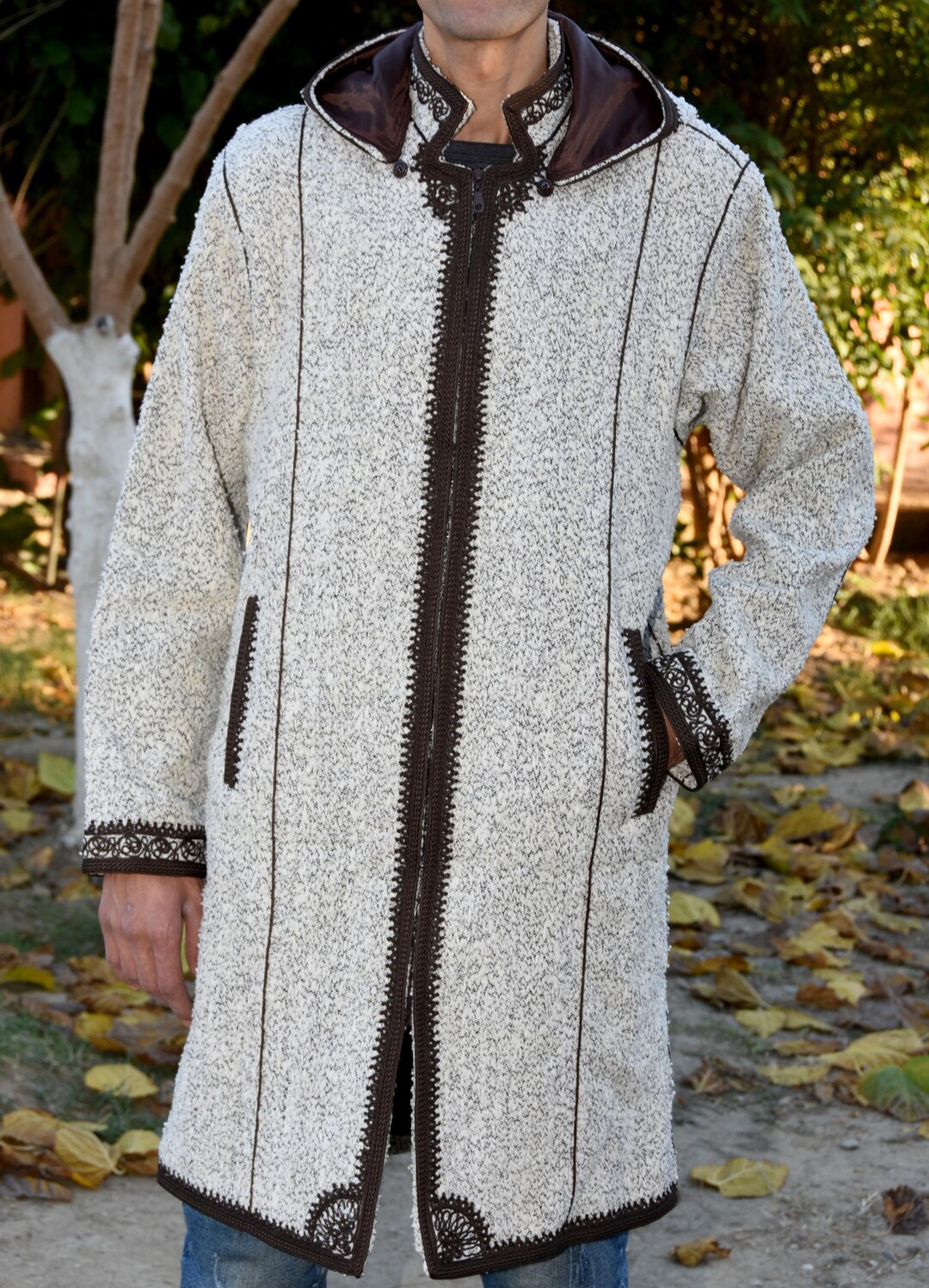 Men’s Natural Wool Coat With Artistic Embroidery – Luxury Handmade ...