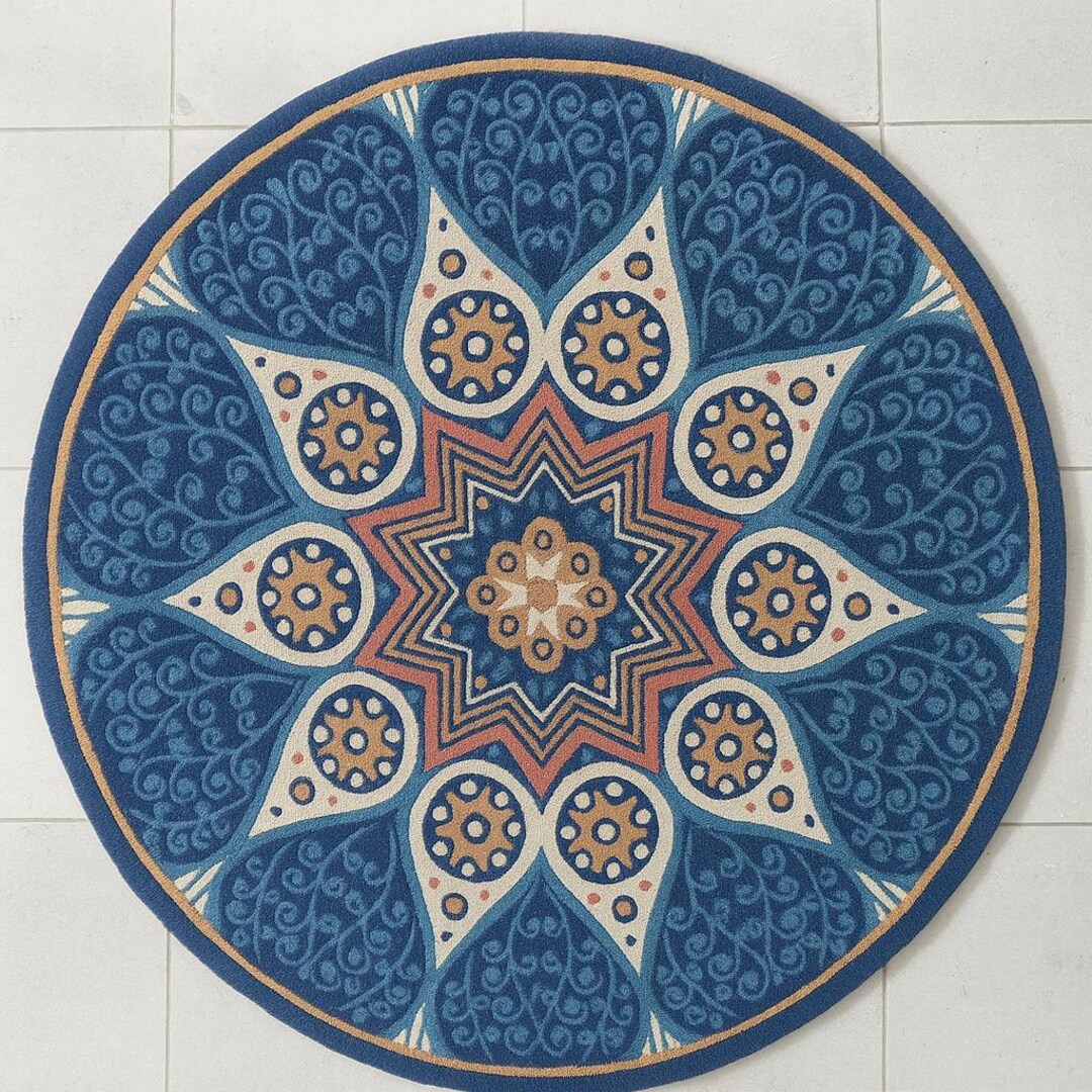 Blue Round Mandala Rug Handmade Indian Retro Oriental Scandium Wool ...