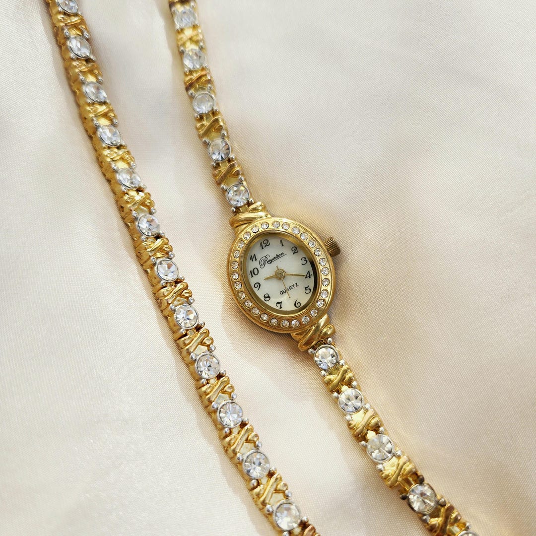Gold Diamante Vintage Watch and Bracelet Set - Etsy