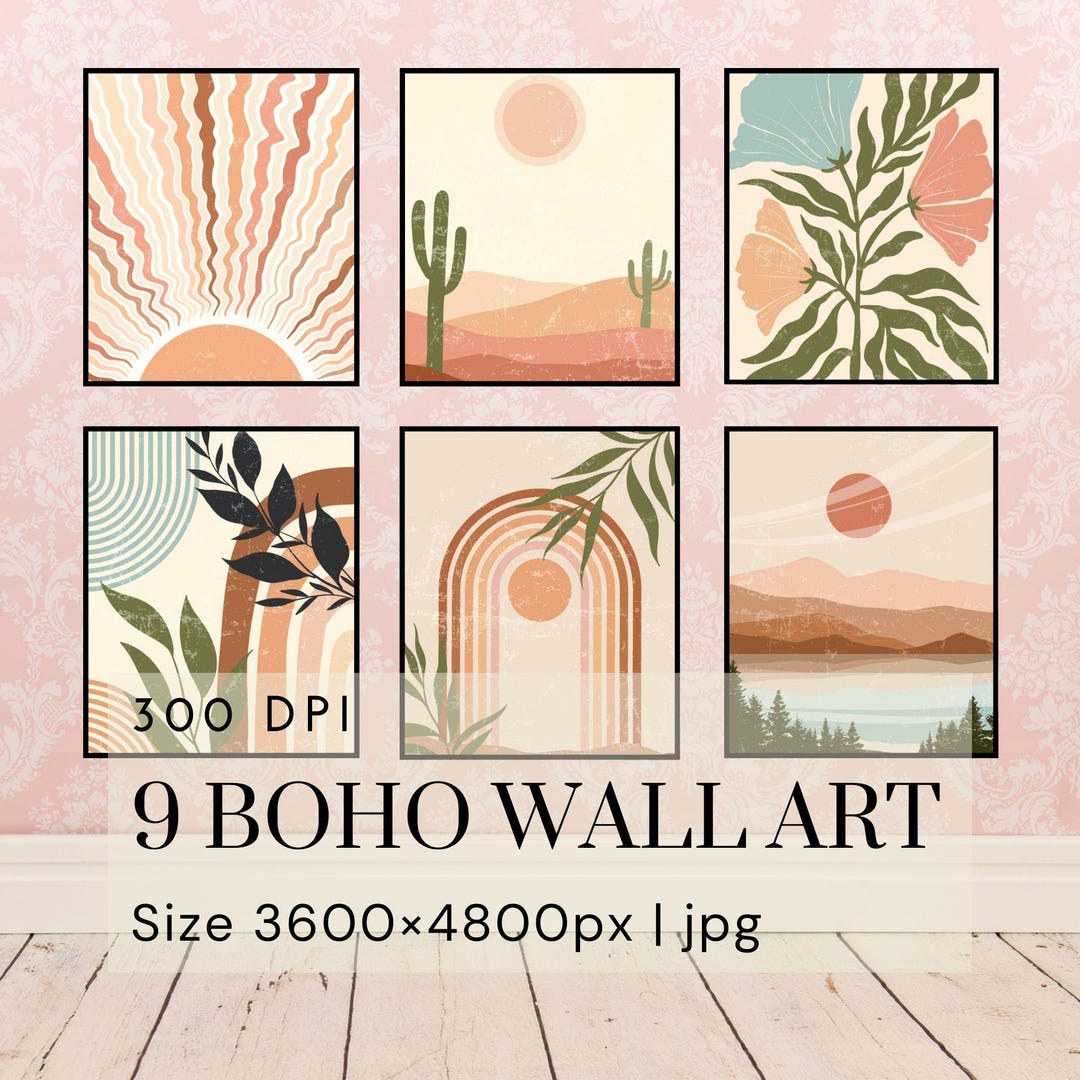 9 Boho Wall Art Set | Printable Desert Sun Motif Prints | Bohemian Wall ...