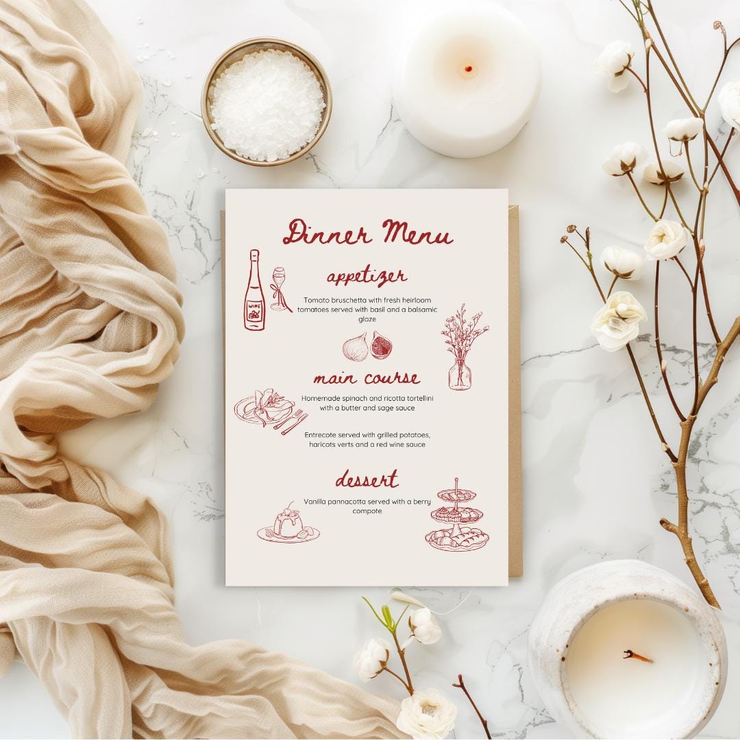 Food Menu Design | Dinner Party Menu Card, Coquette Style | Rehearsal ...