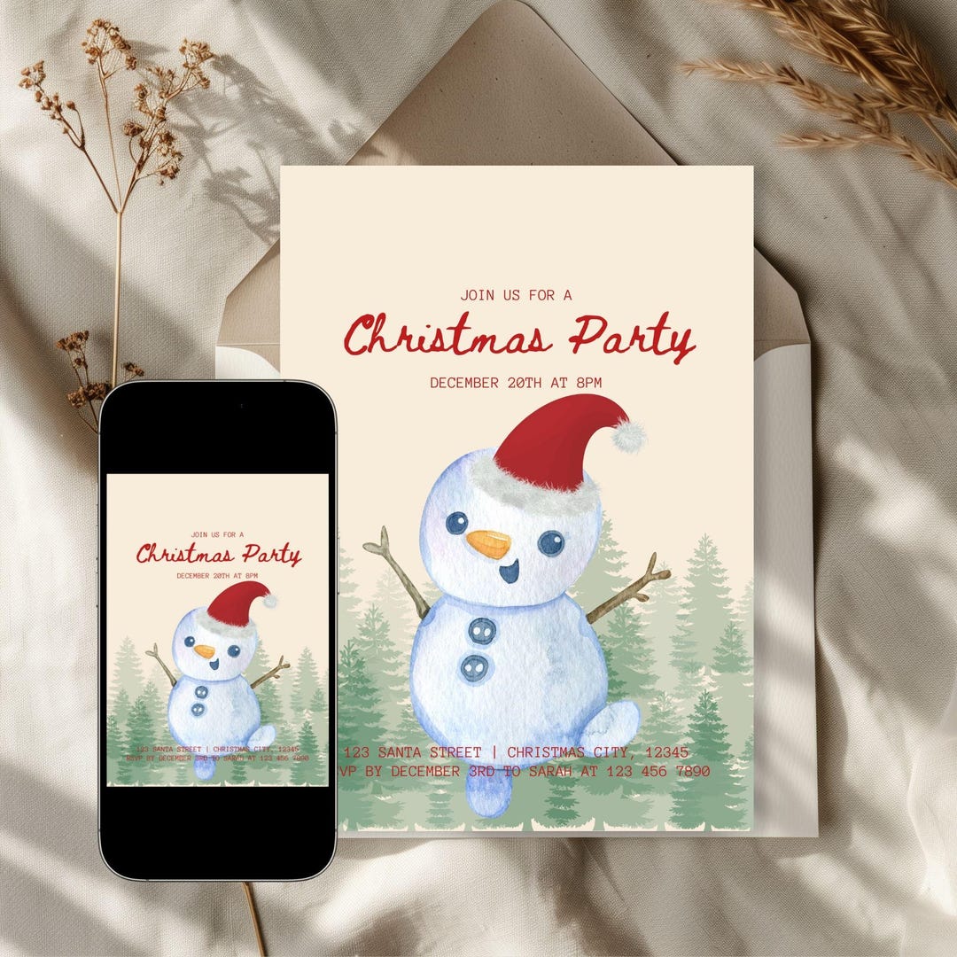 Christmas Party Invitation Template, Christmas Snowman Invitation, Cute ...
