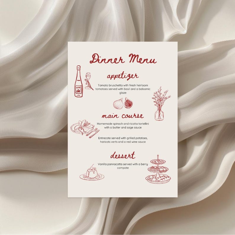 Food Menu Design | Dinner Party Menu Card, Coquette Style | Rehearsal ...