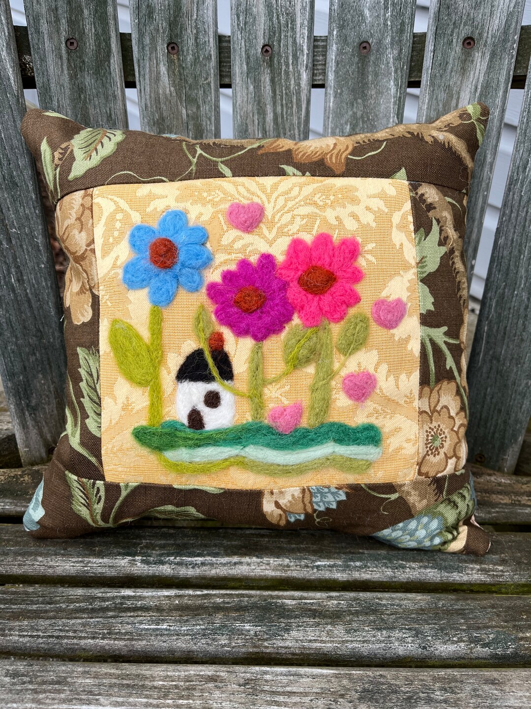 Needle Felted Pillow - With House, Hearts, and Flowers - Etsy