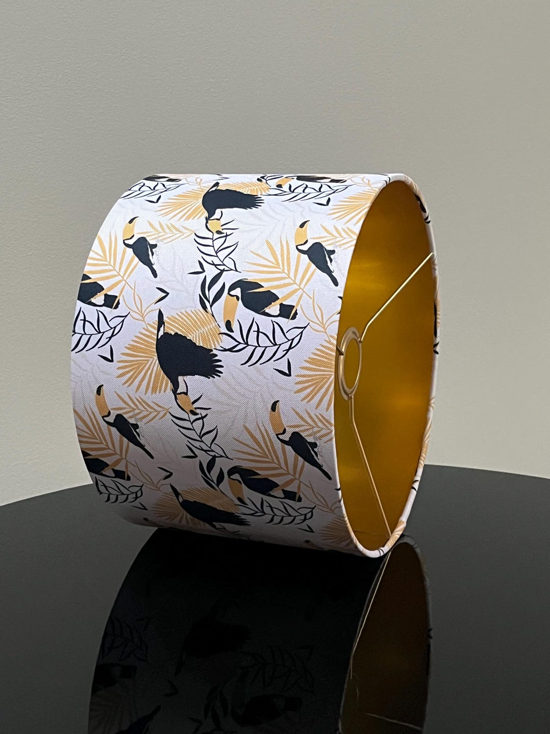 White Lampshade Featuring Toucan Birds and Gold Palm Leaves Design - Etsy