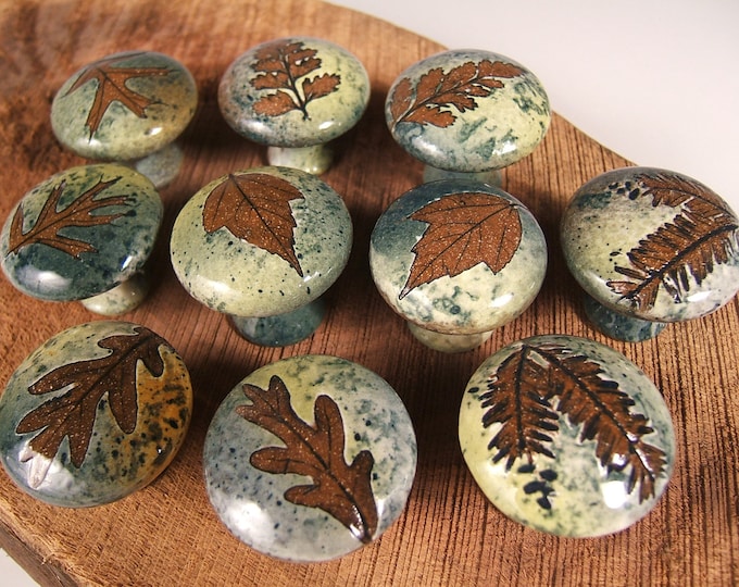 10 Ceramic Cabinet Knobs Drawer Pulls Tree Leaves, Unique, in Green Leaf Glaze - Etsy