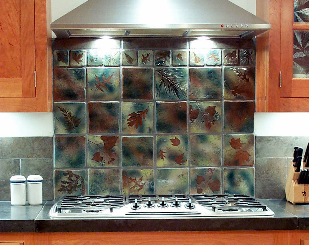Green Leaf Backsplash Tile: Handmade Stoneware Accent Tile, 6" Square ...