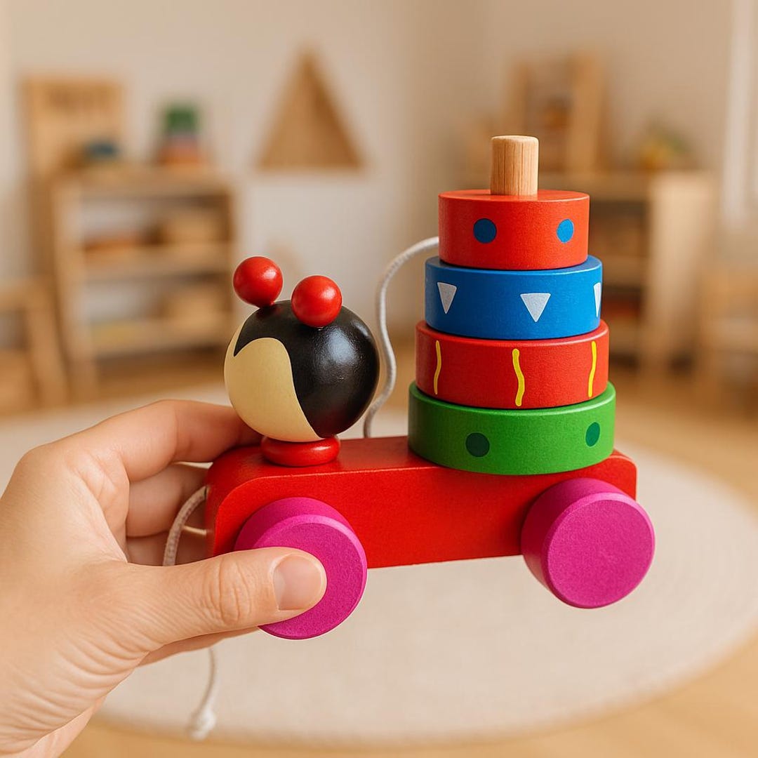 Wooden Pull Toy Ladybug Car – Montessori Stacking Toy for Toddlers ...