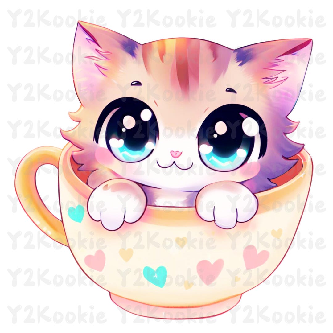 Cute, Kawaii Smiling Kitten in a Tea Cup Mug PNG, Adorable Sublimation ...