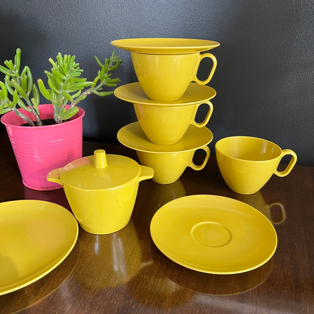 Harvest Gold Melmac Dishes, Vintage Plastic Cups, Saucers, Plates ...