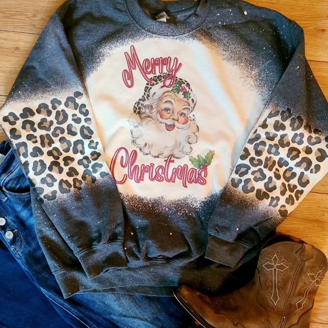 Merry Christmas Retro Santa Leopard With Sleeve Accents Holiday ...