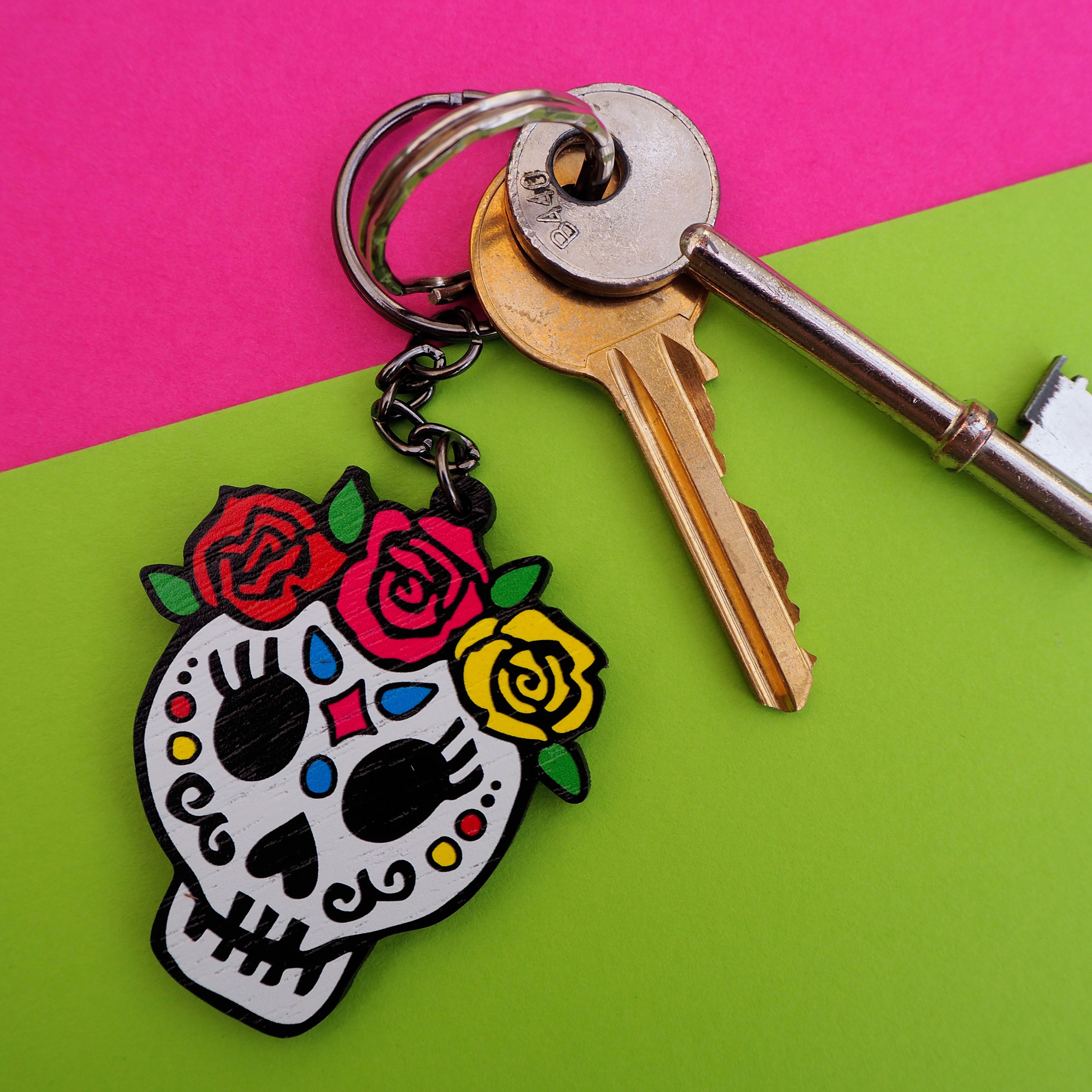 Lady Sugar Skull Day of the Dead Wooden Keyring | Etsy UK