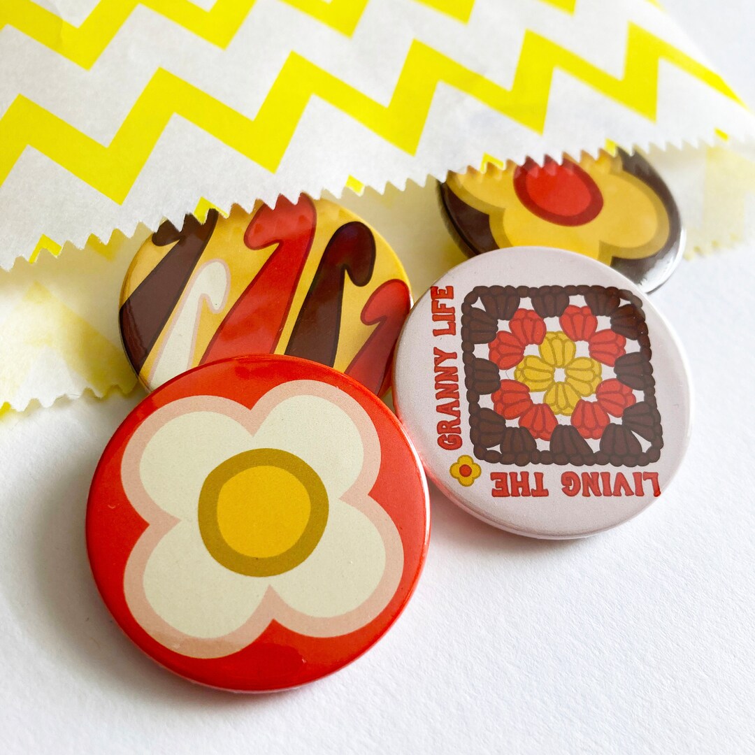 Retro 70s Granny Square Life Crochet Badges, Set of Badges, Lapel Pin ...