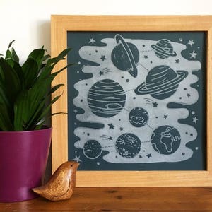 Solar System Space Linocut Print - Etsy