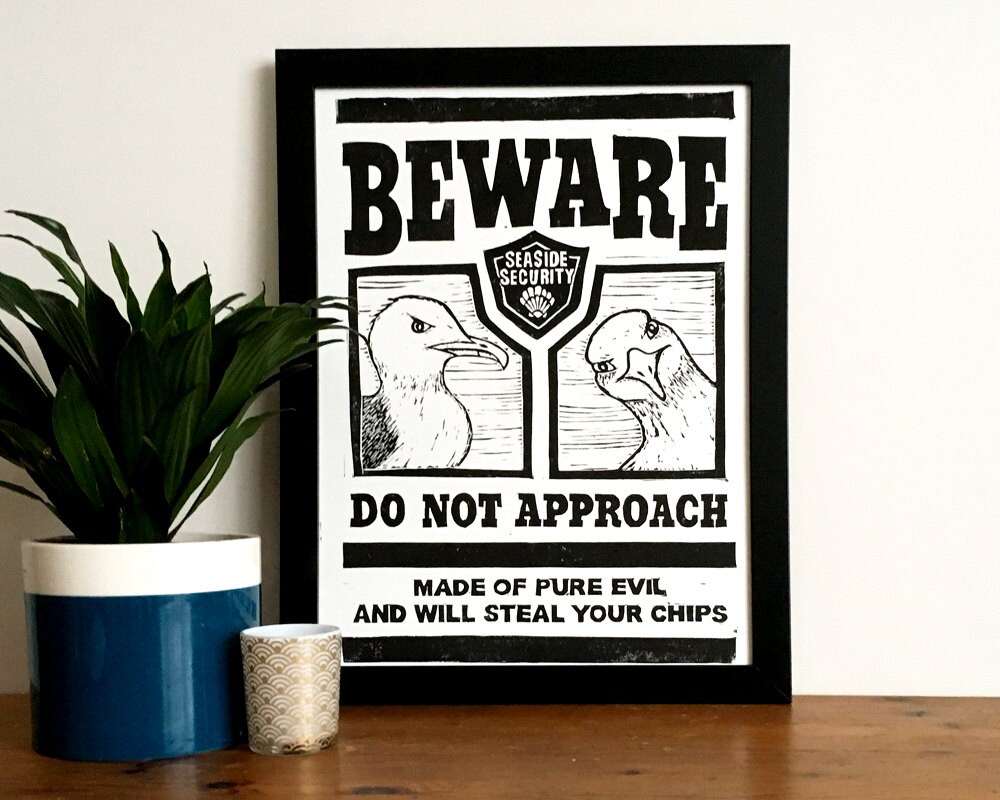 Beware the Seagulls Linocut Print Wanted Poster Evil - Etsy UK