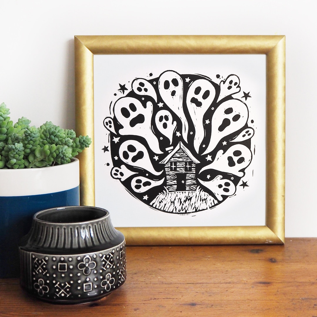 Linocut Spooky Haunted House Print, Horror Art, Ghost House Lino Print ...